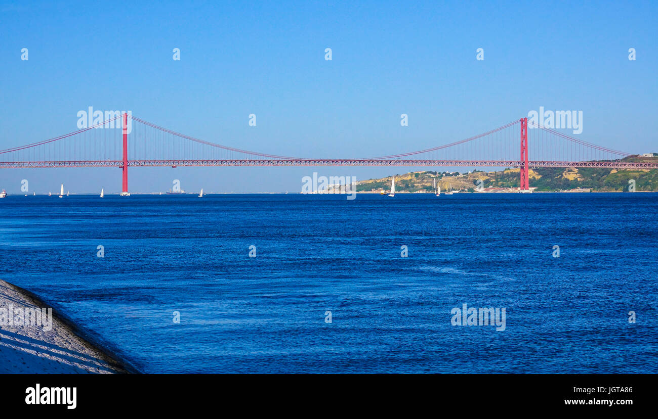 Famous 25th April Bridge over River Tajo in Lisbon aka Salazar Bridge ...
