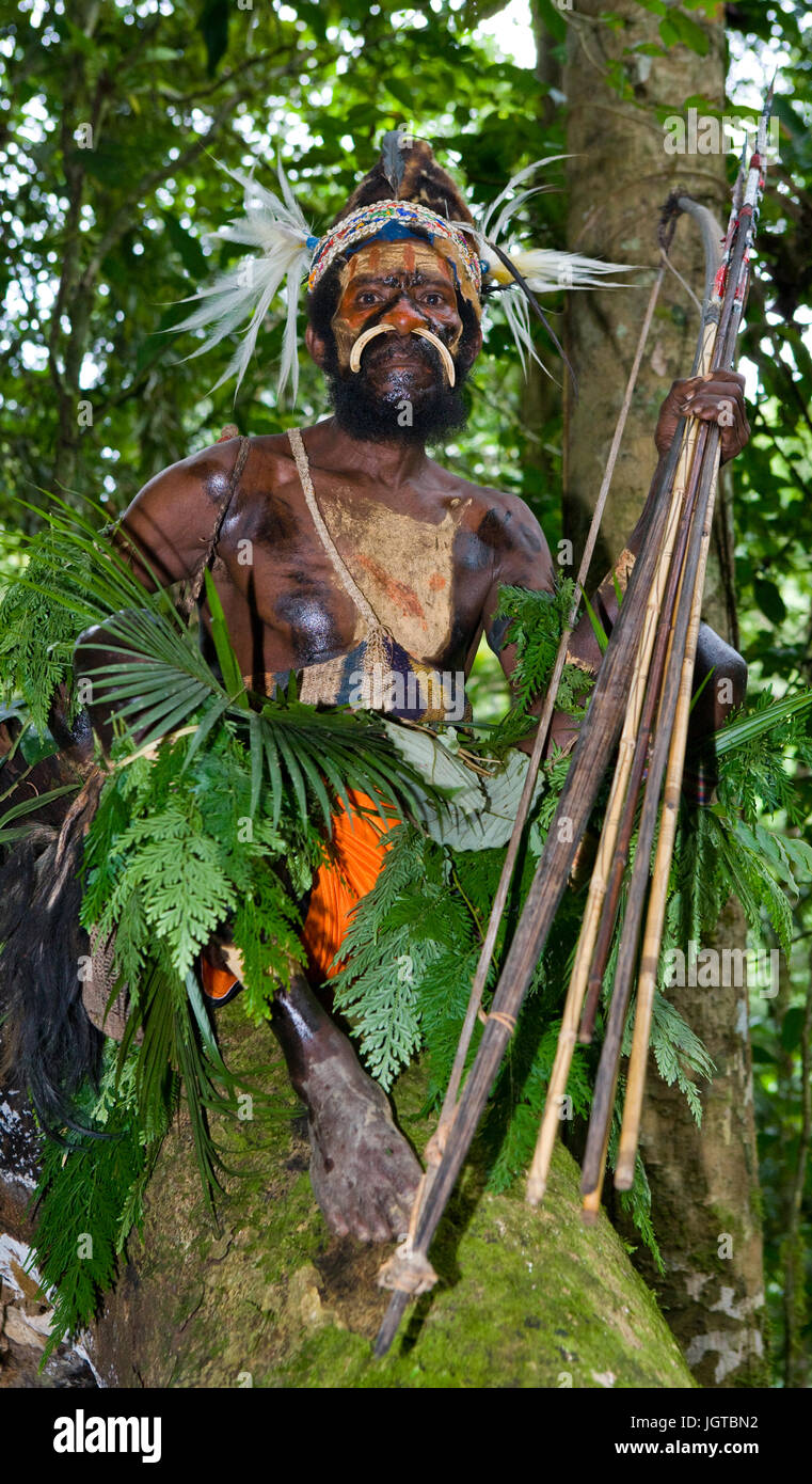 NEW GUINEA, INDONESIA - 13 JANUARY: The warriors of a Papuan tribe of ...