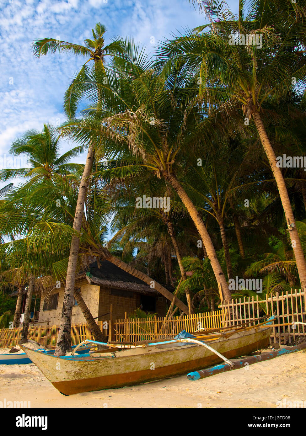 filipino boat on the beach under the palmtrees near the traditional hut ...