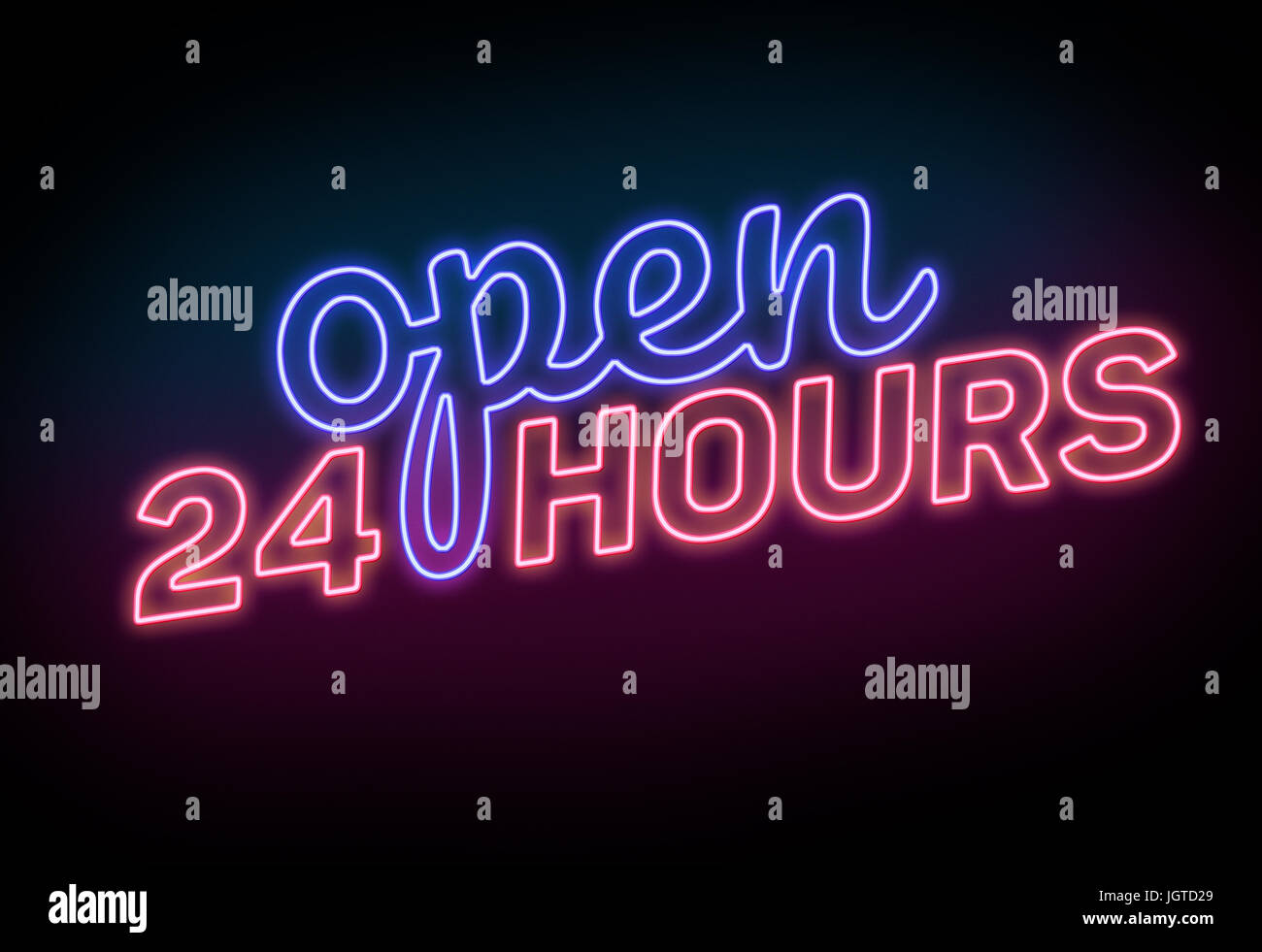 Blue and Red Neon Lighted Open 24 Hours Sign on the Black Background ...