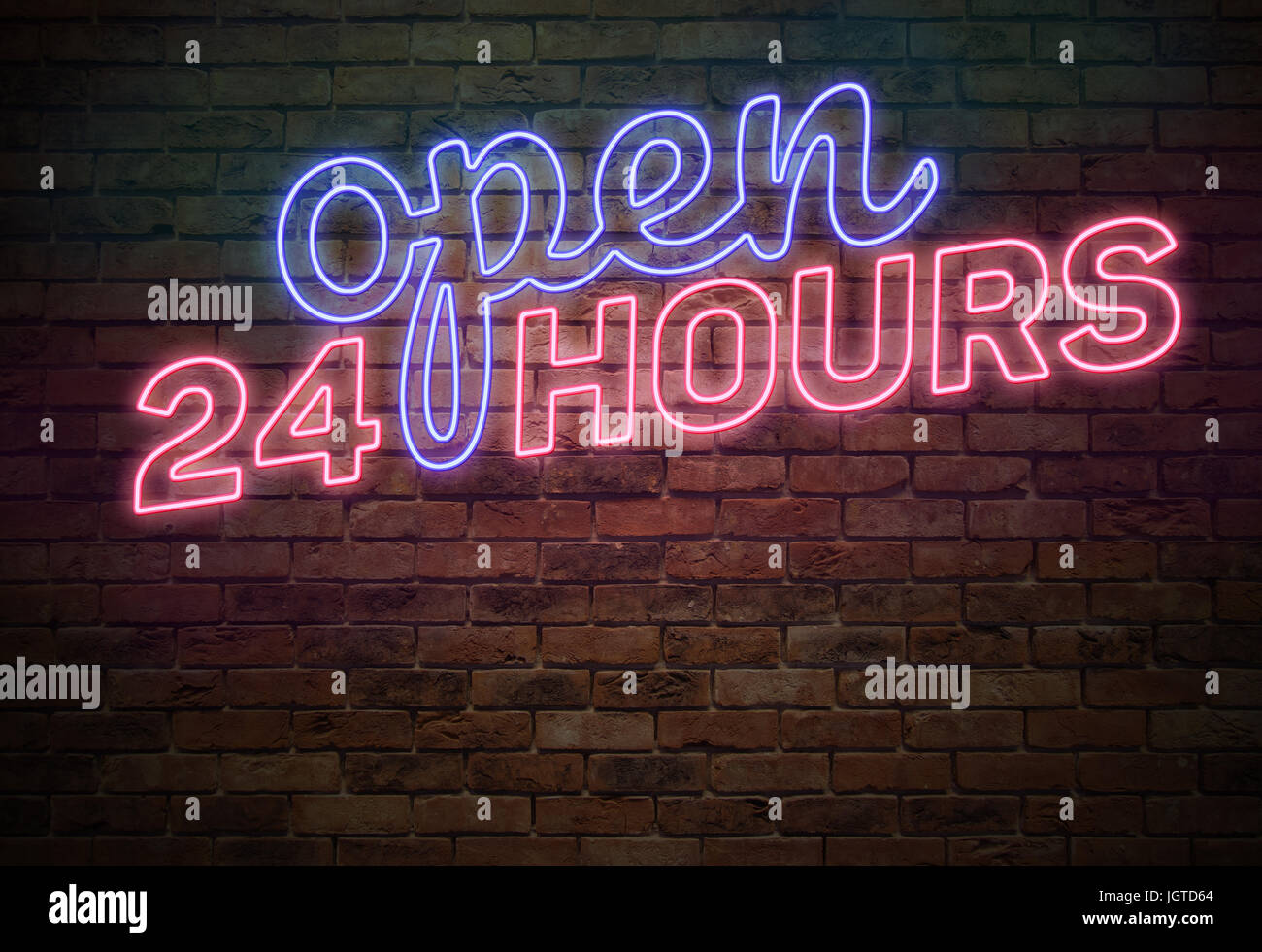 Blue and Red Neon Lighted Open 24 Hours Sign on the Brick Wall Stock ...