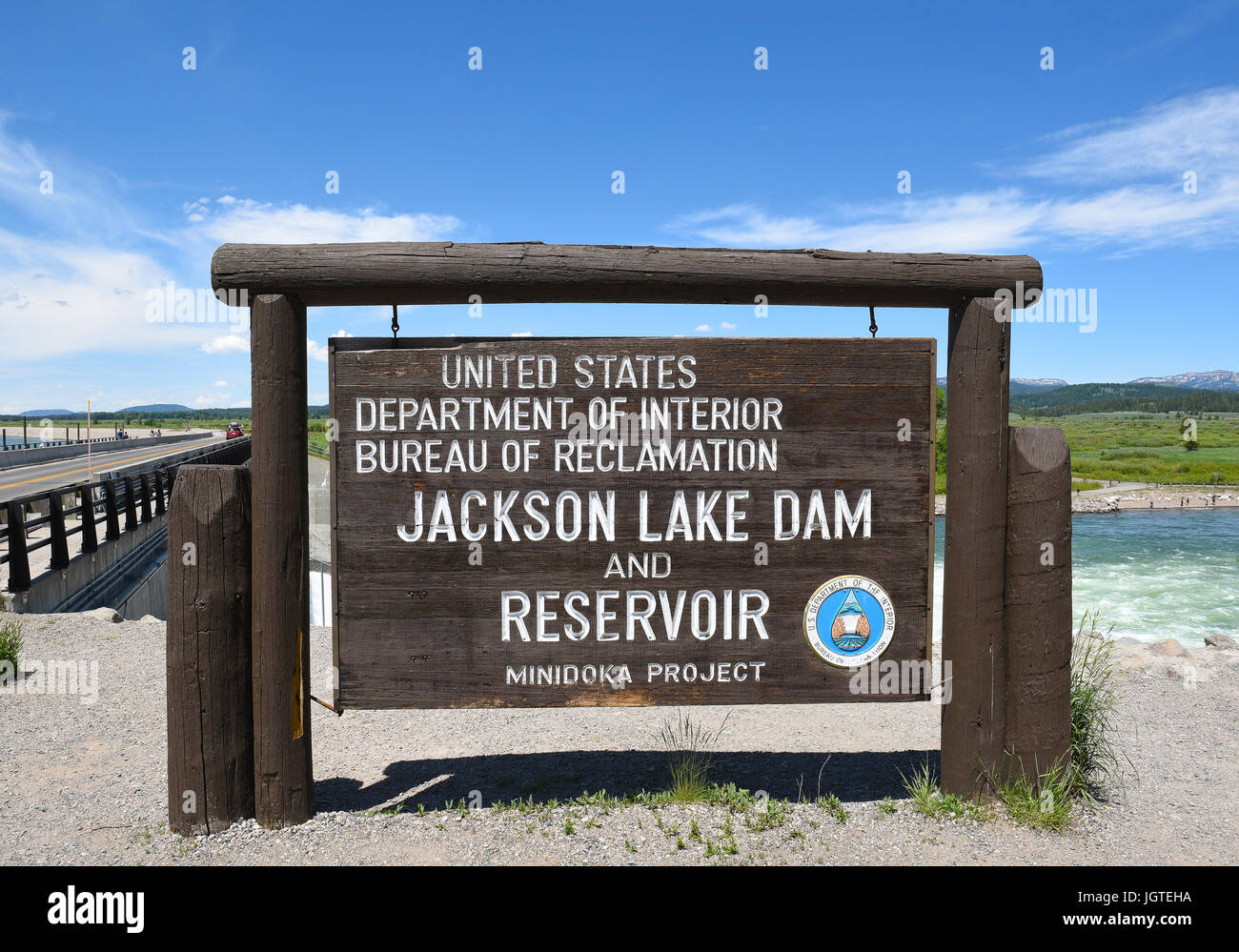 JACKSON HOLE, WYOMING - JUNE 26, 2017: Jackson Lake Dam sign. Built in ...