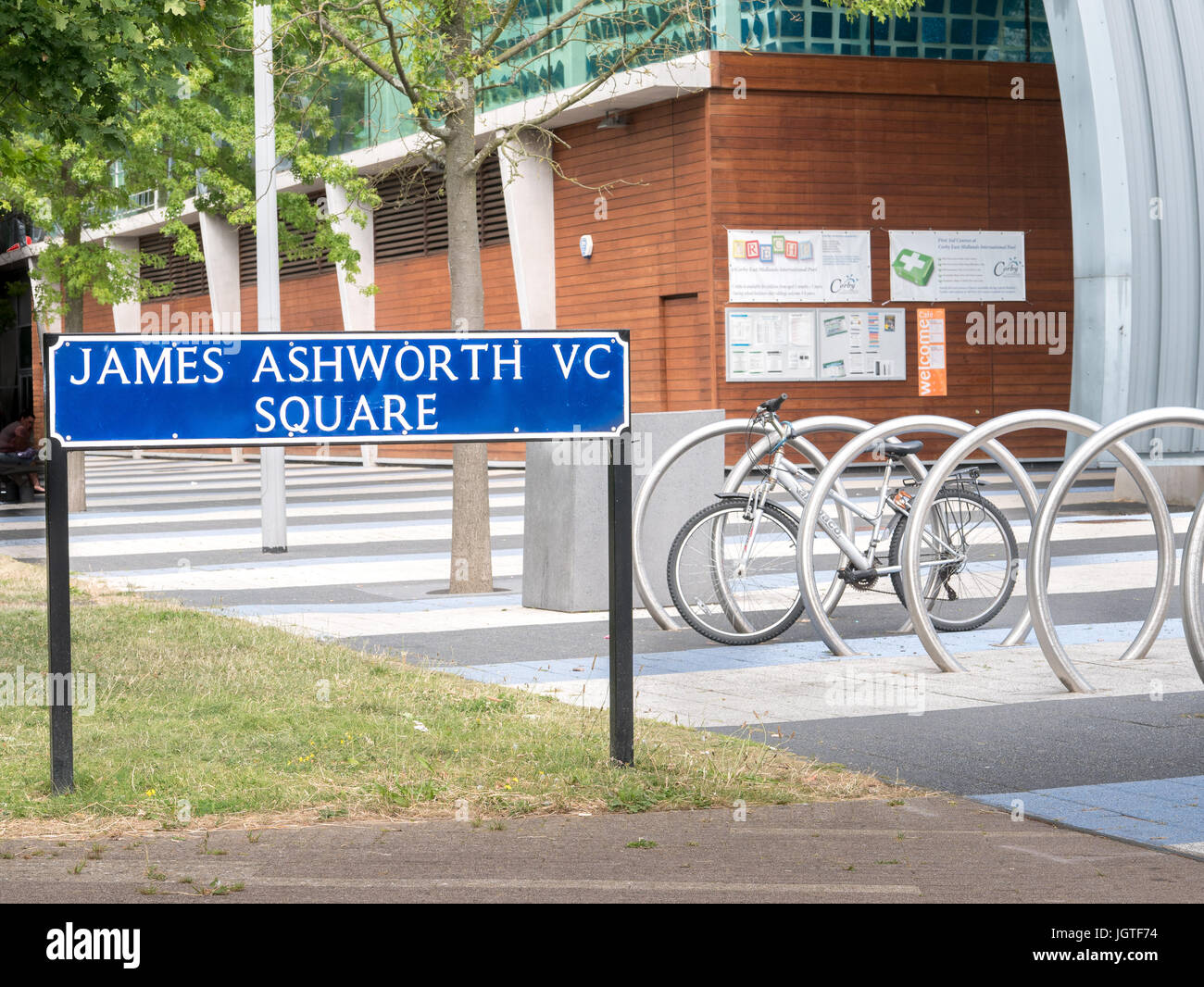 Sign for the James Ashworth VC Square at Corby town centre ...