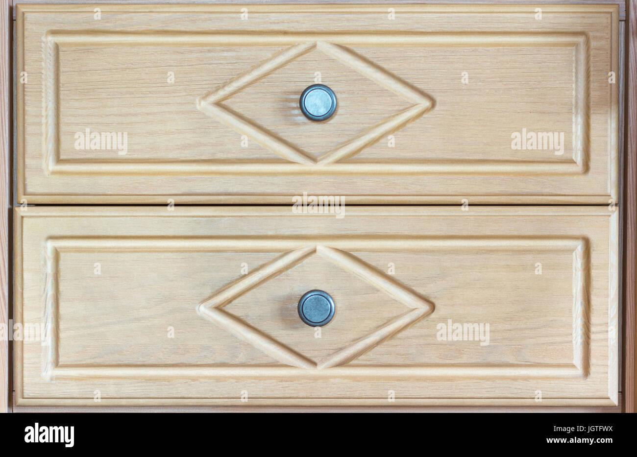 Two wooden drawers with metal knobs as seen from the front Stock Photo ...