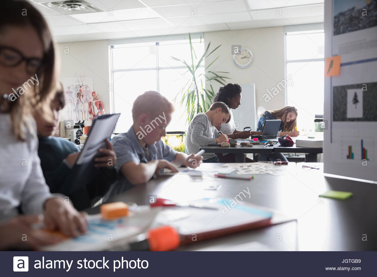 Middle school students working on science project in laboratory Stock ...
