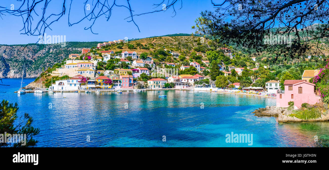 Assos village in beautiful azure cove in Kefalonia, Greece Stock Photo ...