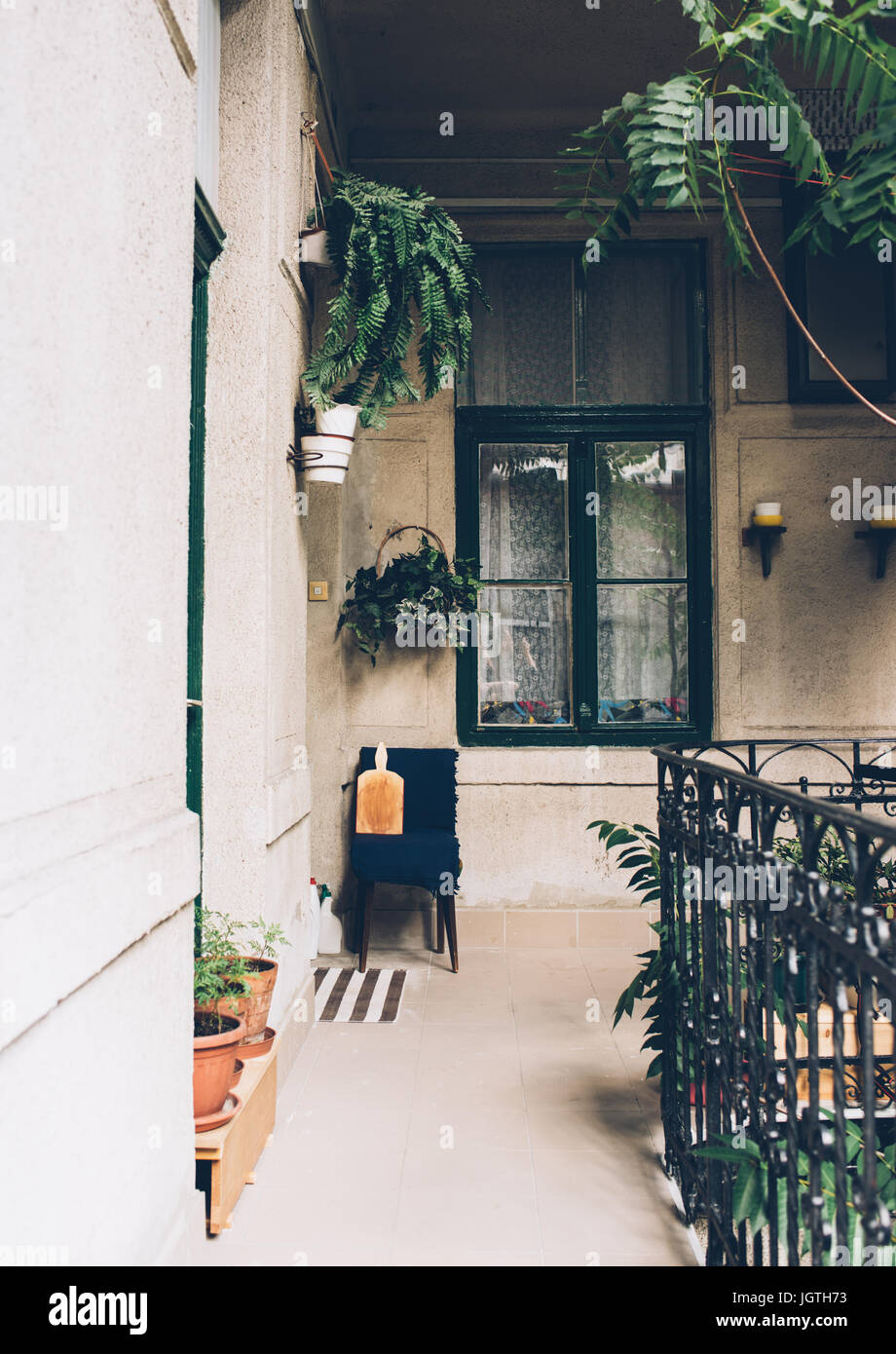 veranda of old house, green window, vintage details and home pla Stock ...