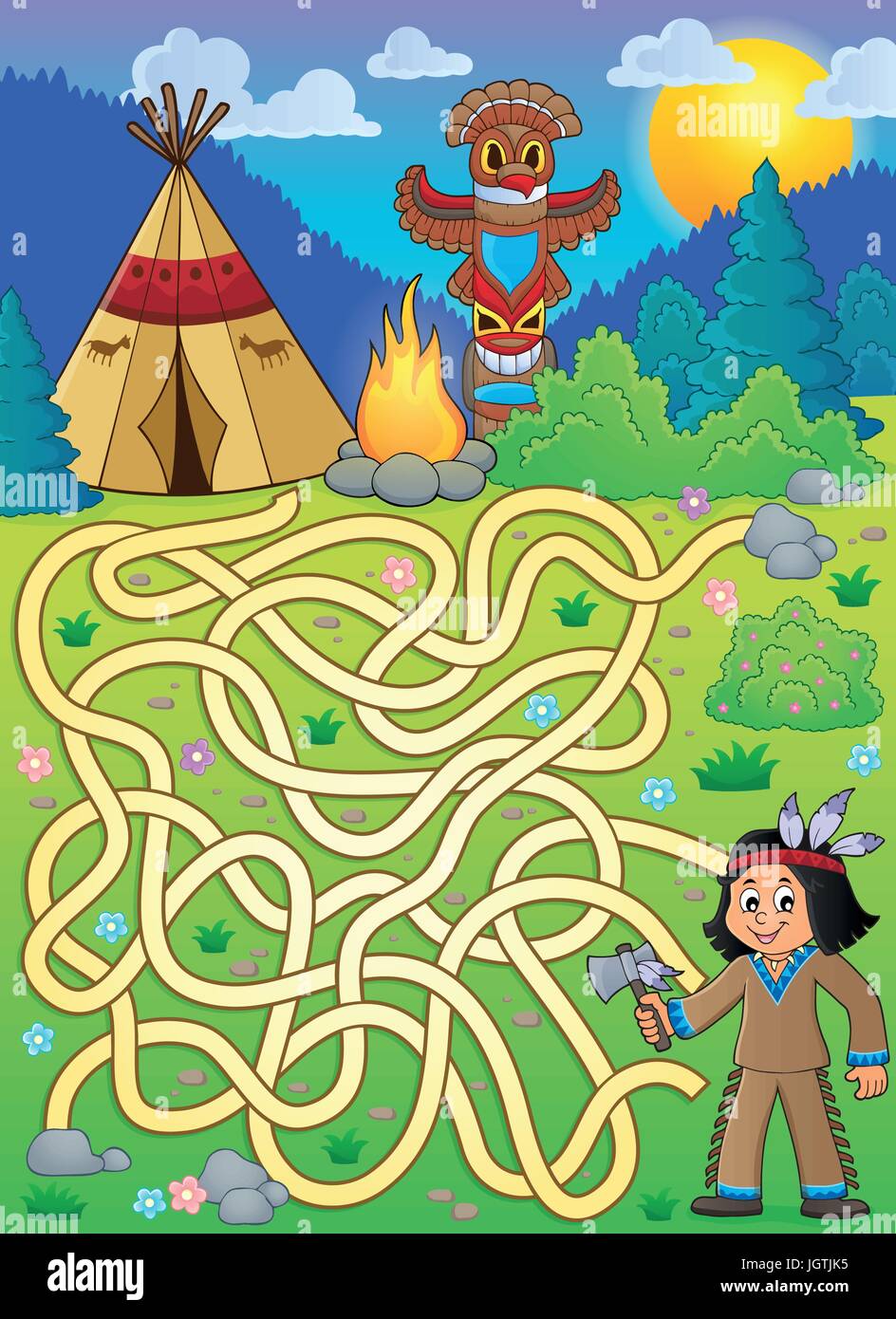Maze 4 with Native American boy - eps10 vector illustration Stock ...