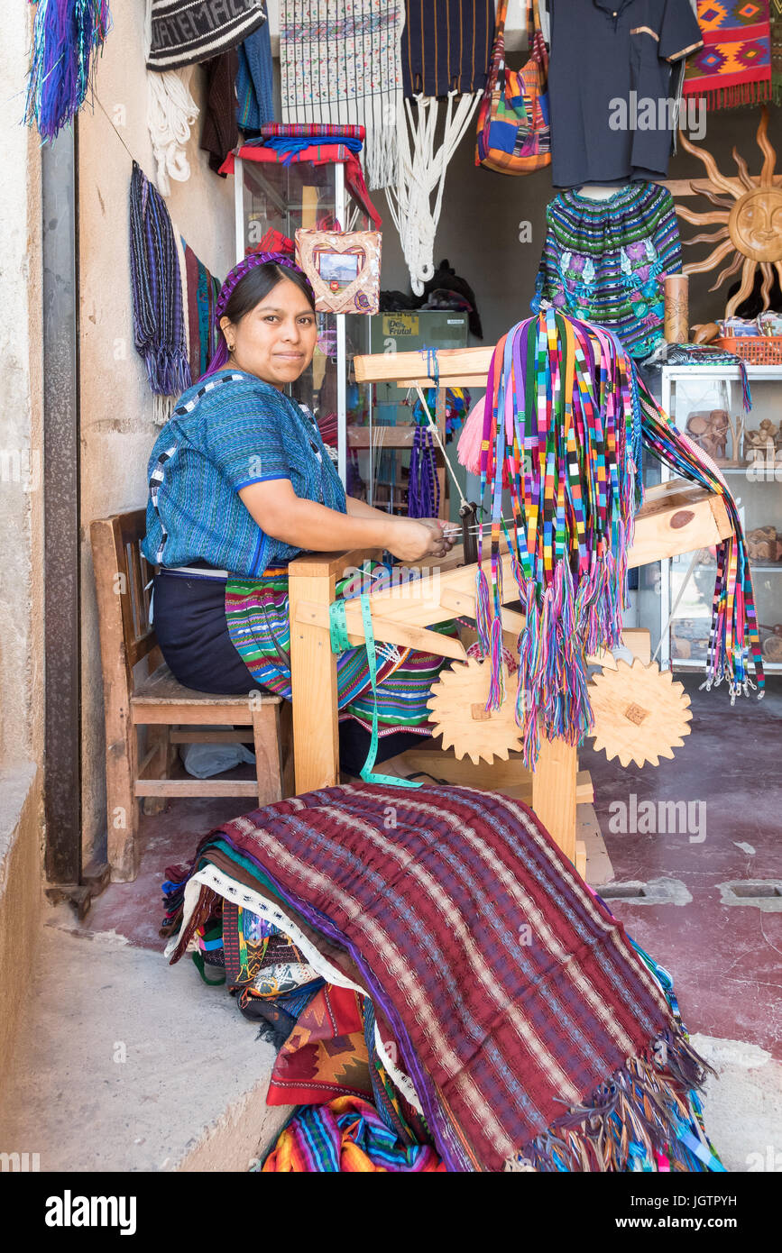 A young maya indigenous woman weaves in Santa Rosa, Lake Atitlan, Maya ...