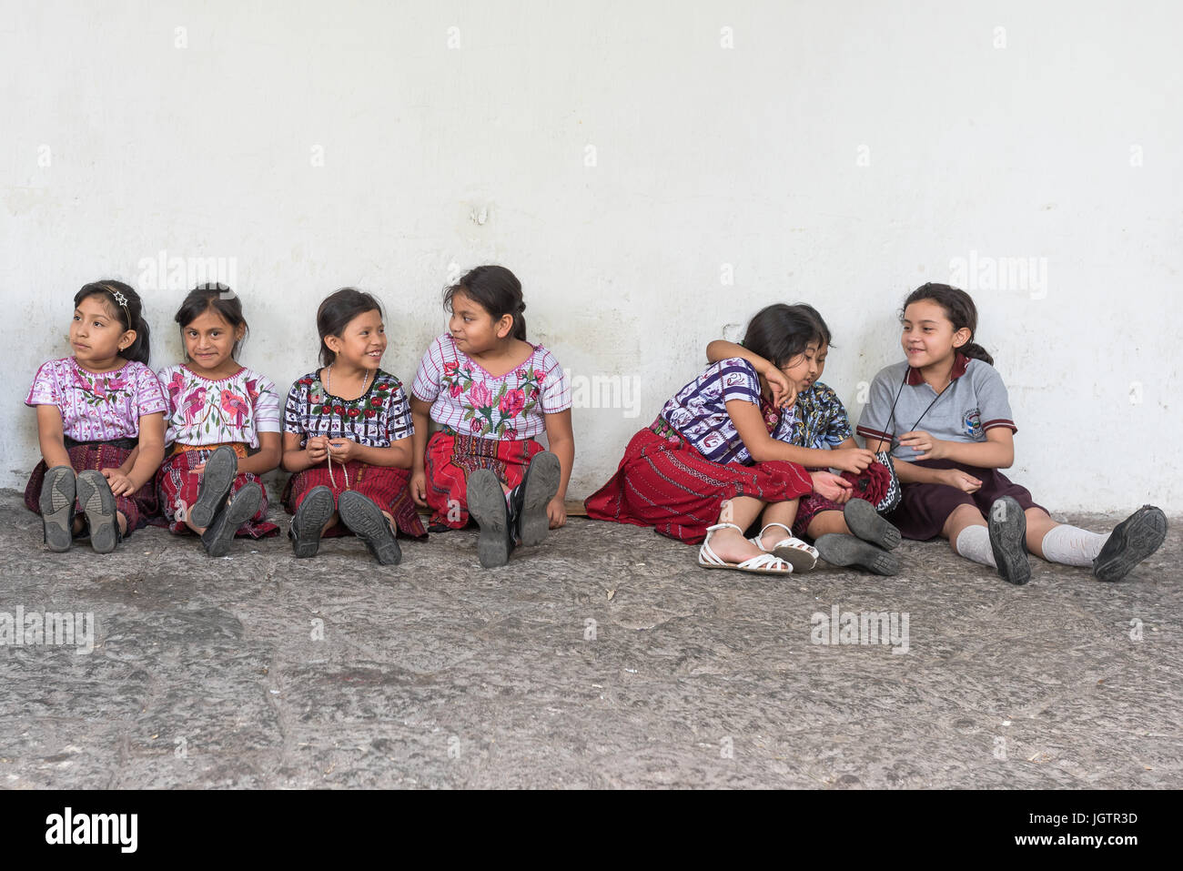 Local colorful school girls in mayan uniform, Lake Atitlan Guatemala ...