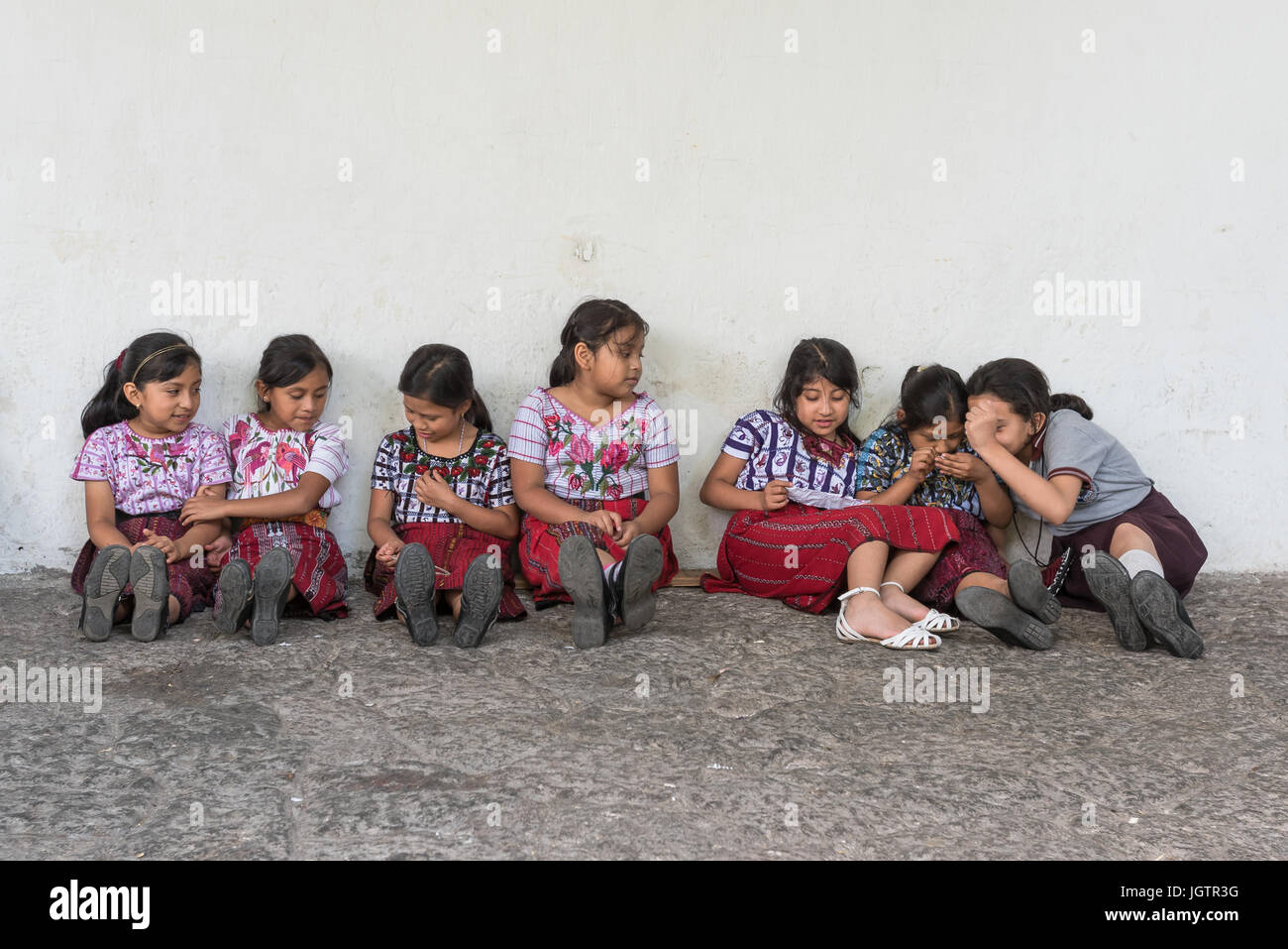 Local colorful school girls in mayan uniform, Lake Atitlan Guatemala ...