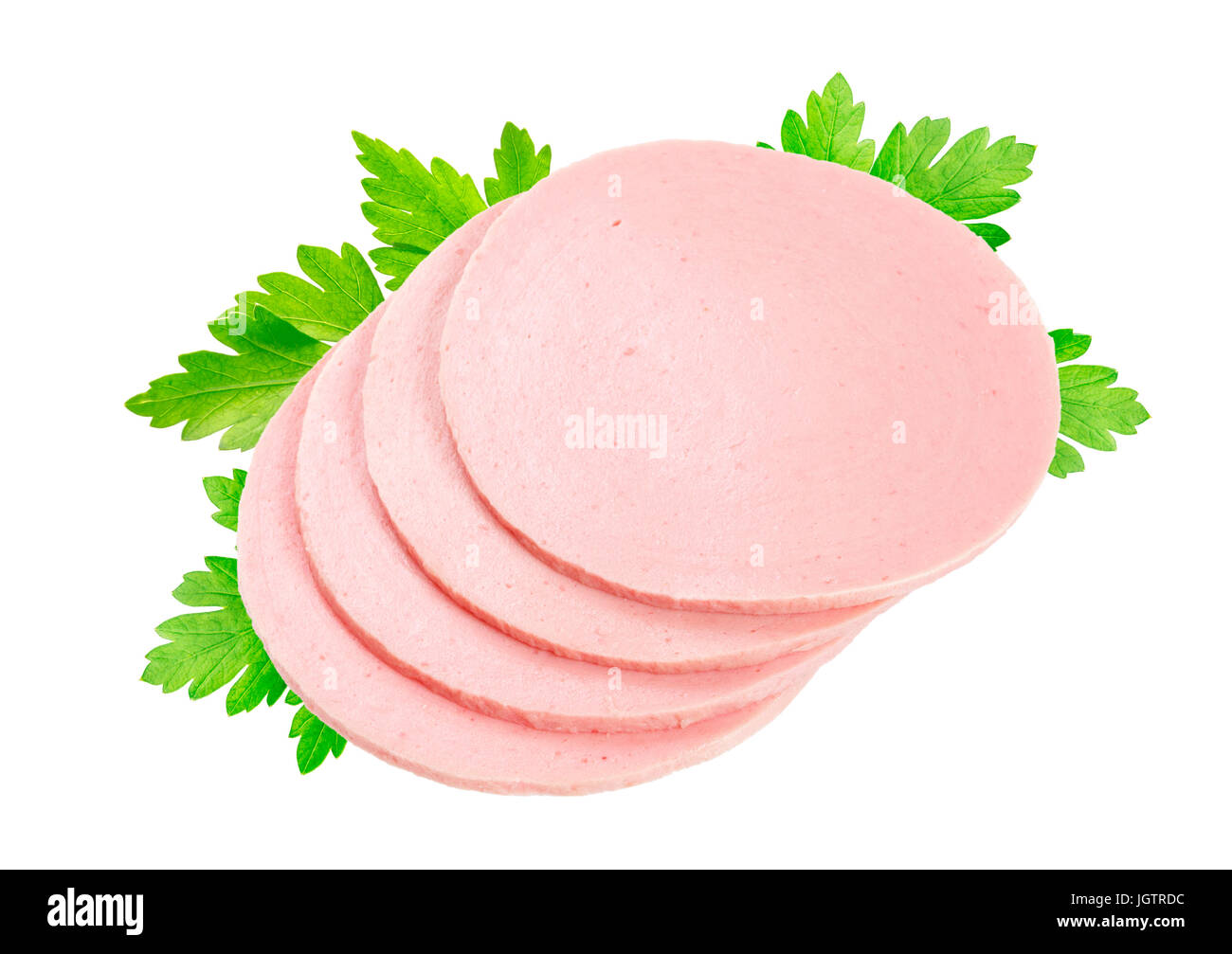 Boiled sausage slices isolated on white Stock Photo - Alamy