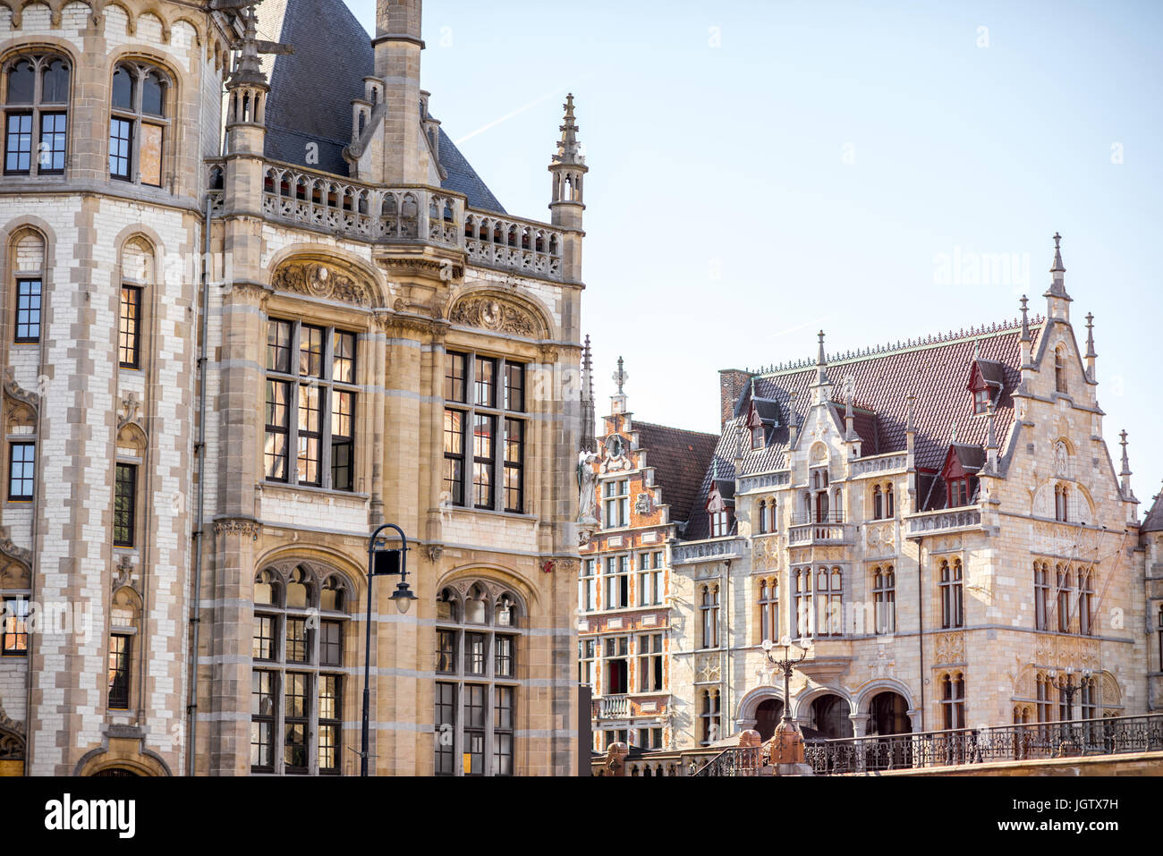 Beautiful architecture of the old buildings in the centre of Gent city ...