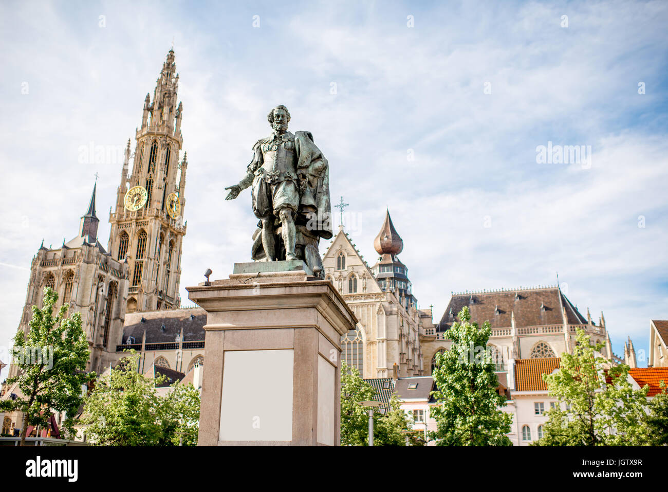 View on the Rubens statue and church in Antwerpen city, Belgium Stock ...