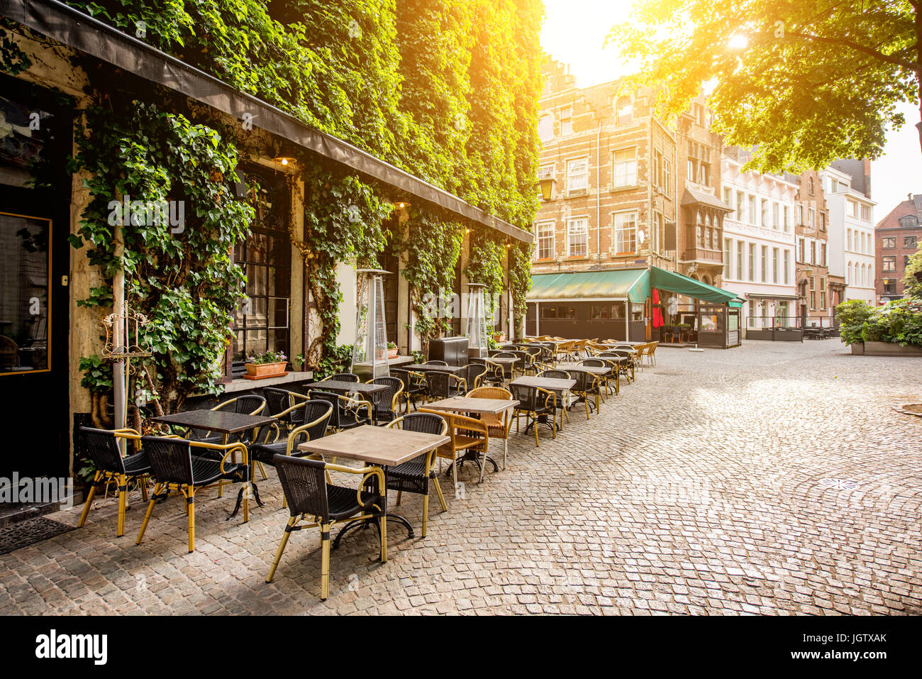 Street view with cafe terrace during the morning in Antwerpen city in ...