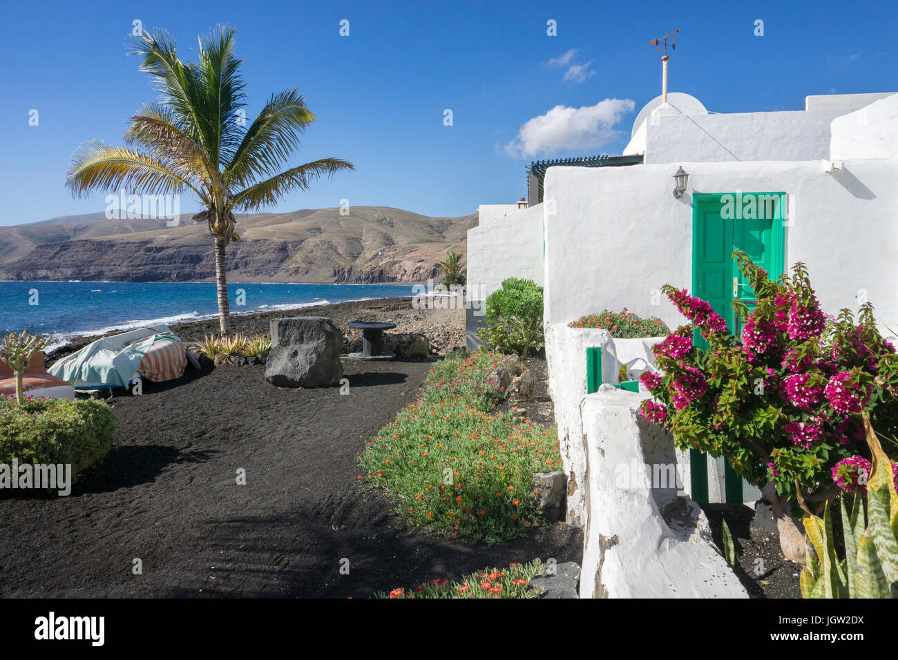 The fishing village Playa Quemada, Lanzarote island, Canary islands ...
