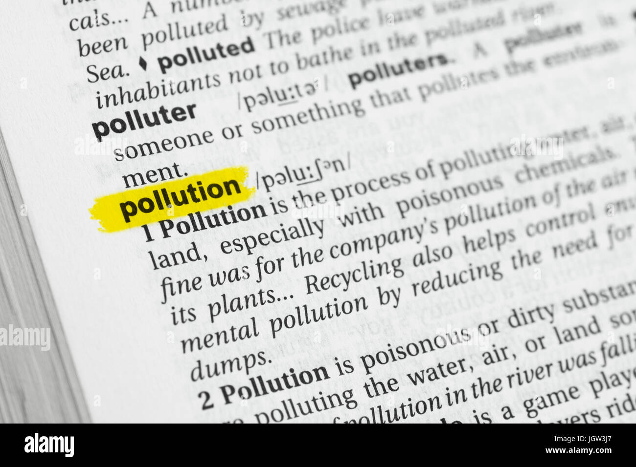 Highlighted English word "pollution" and its definition at the ...