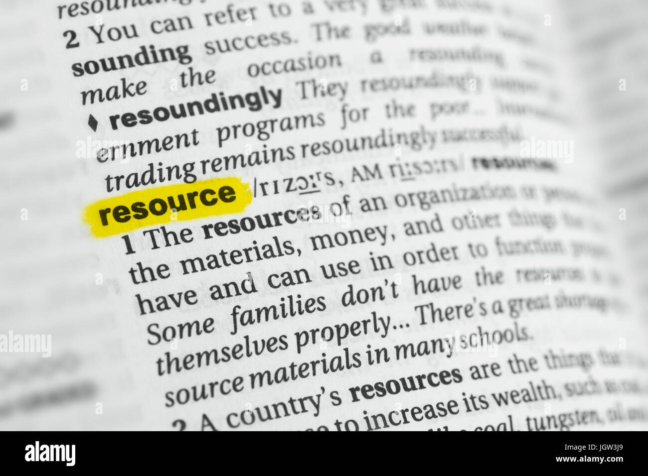 Highlighted English word "resource" and its definition at the ...