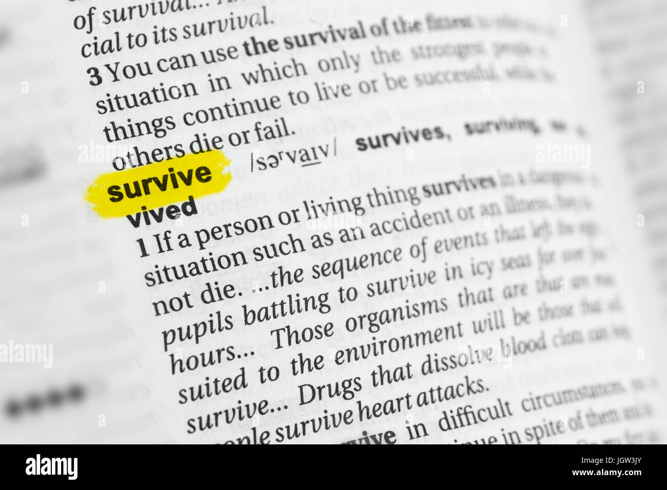 Highlighted English word "survive" and its definition at the dictionary ...