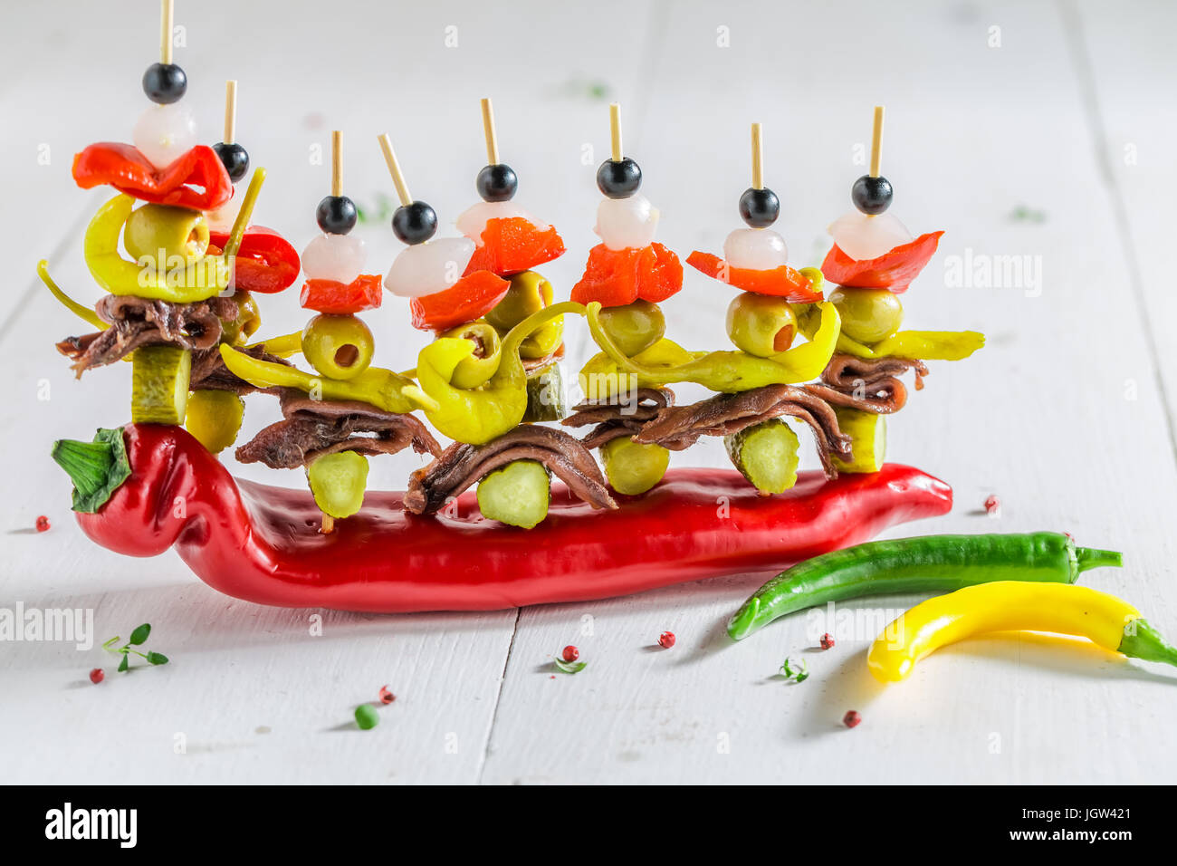 Banderillas with peppers, olives and anchovies for spanish corrida ...