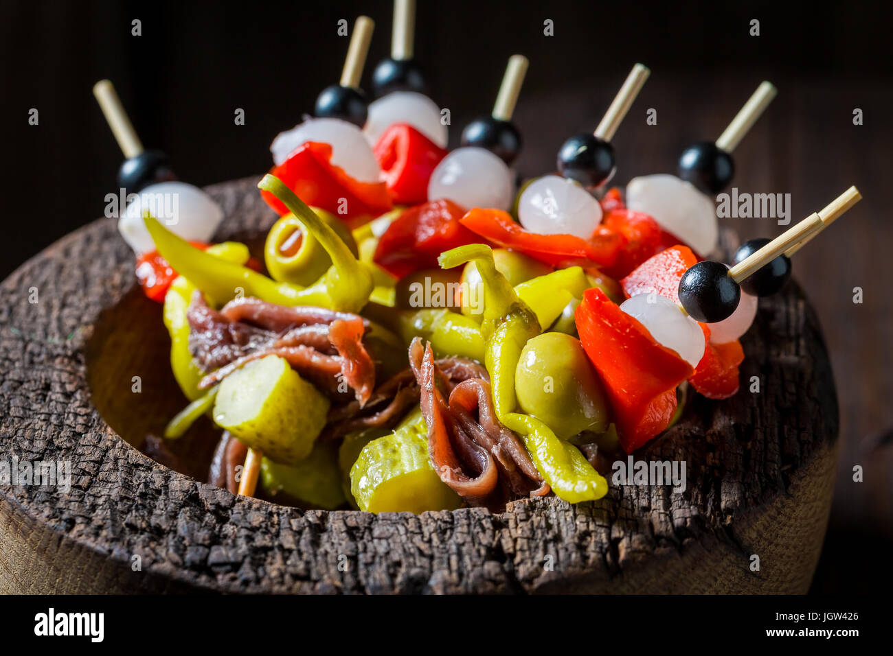 Closeup of banderillas with fresh ingredients for spanish corrida Stock ...
