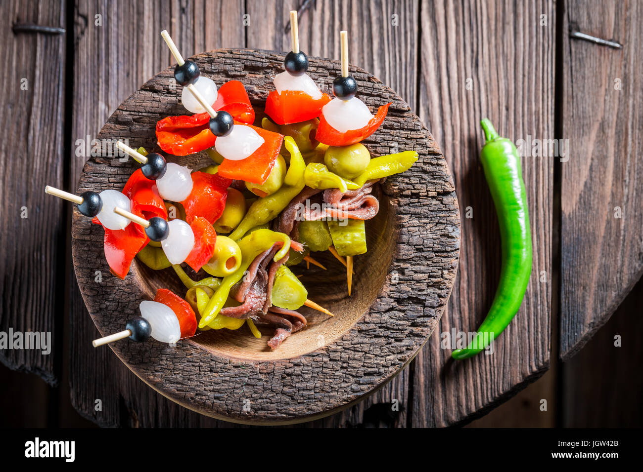 Homemade banderillas with fresh ingredients for spanish corrida Stock ...