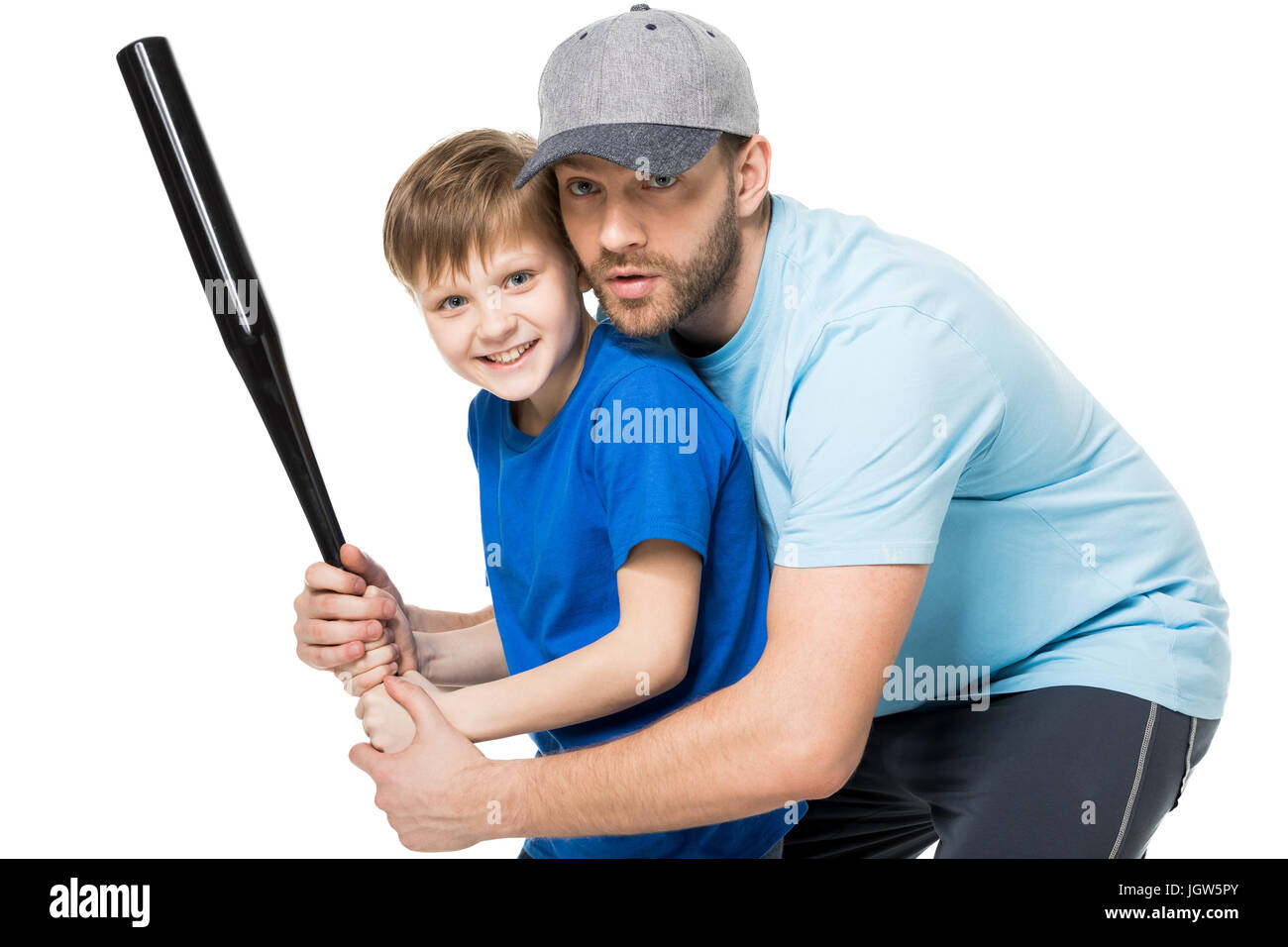 father teaching his son how to play baseball isolated on white Stock ...