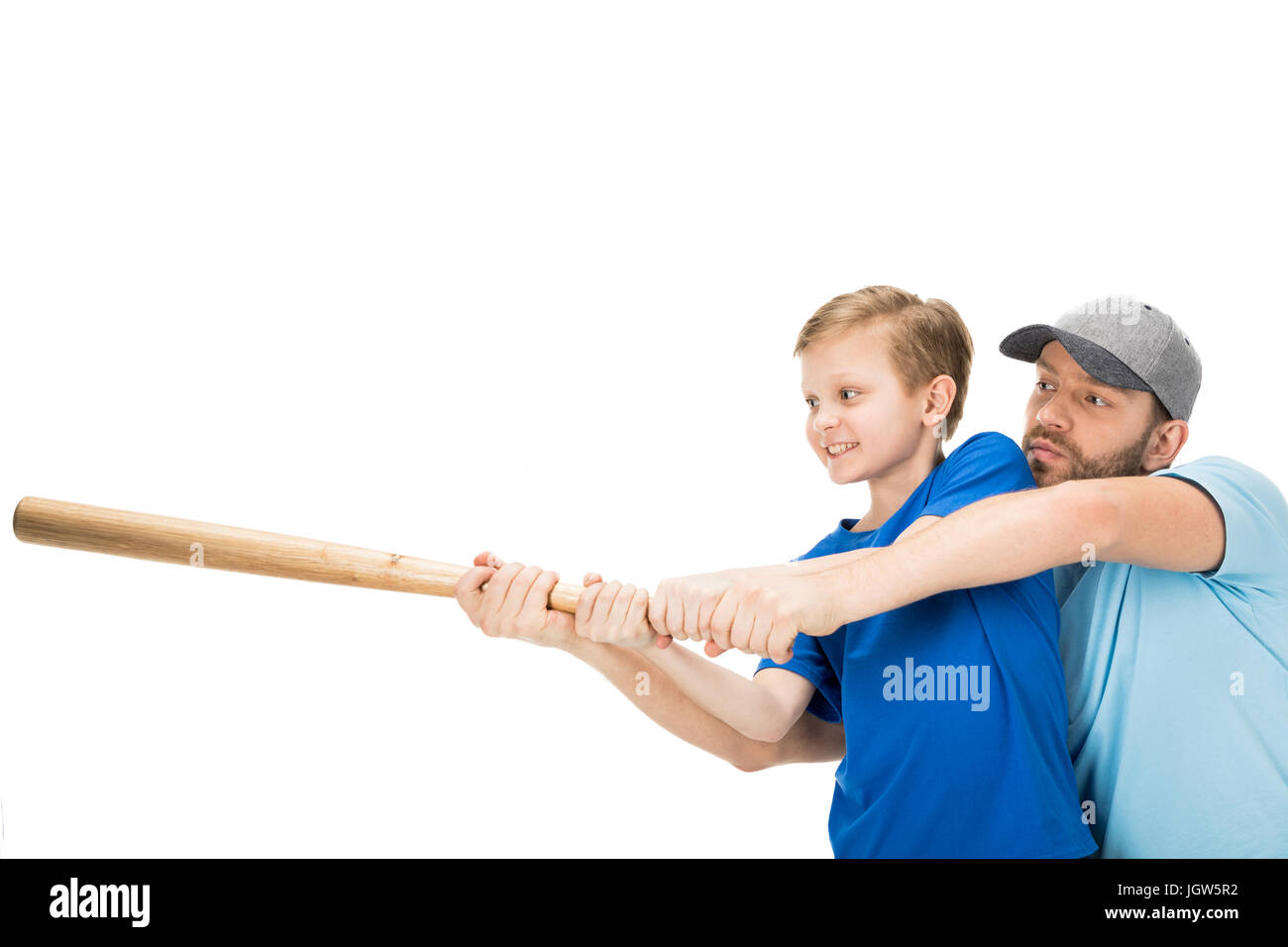 Happy father teaching his son how to play baseball isolated on white ...