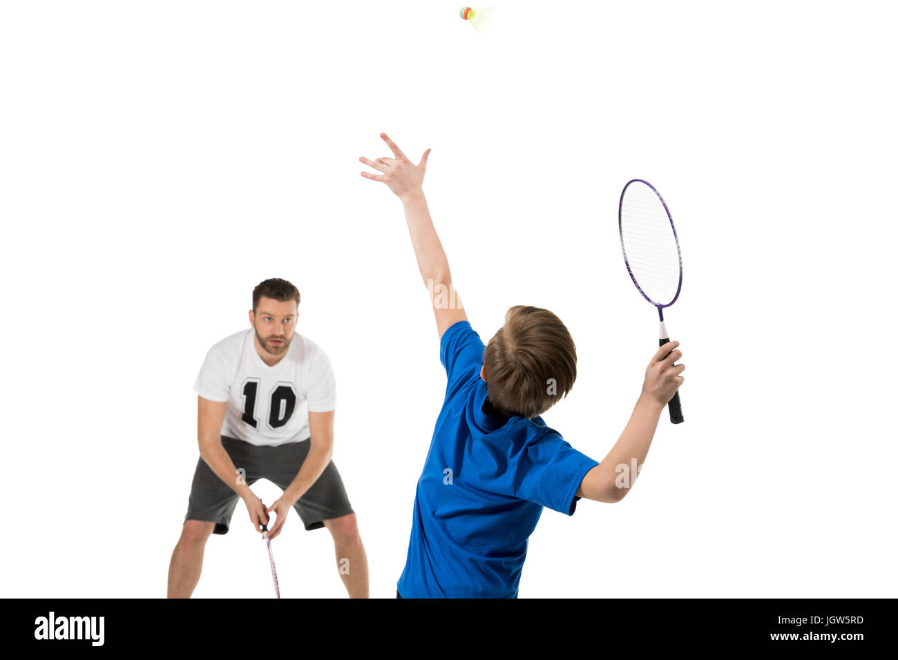active father and son playing tennis together isolated on white Stock ...