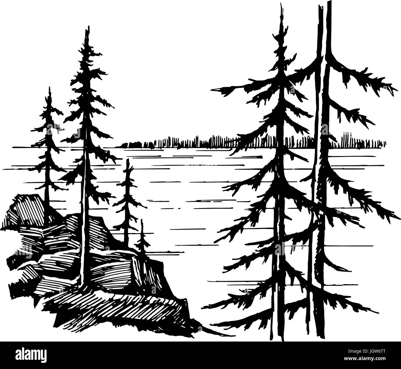 Lake with tree line Black and White Stock Photos & Images - Alamy