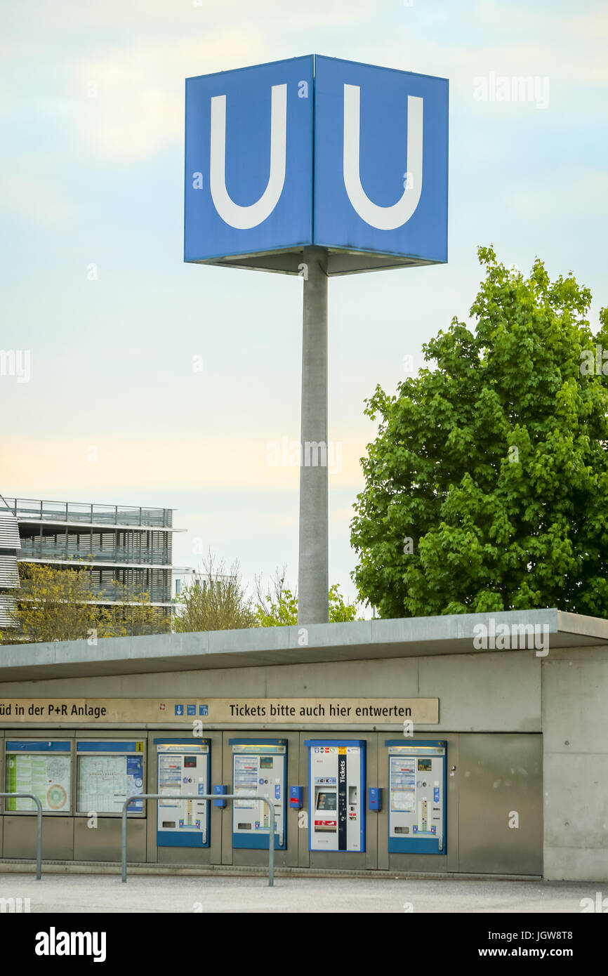 MUNCHEN, GERMANY - MAY 9, 2017 : A large U- Bahn subway sign with ...