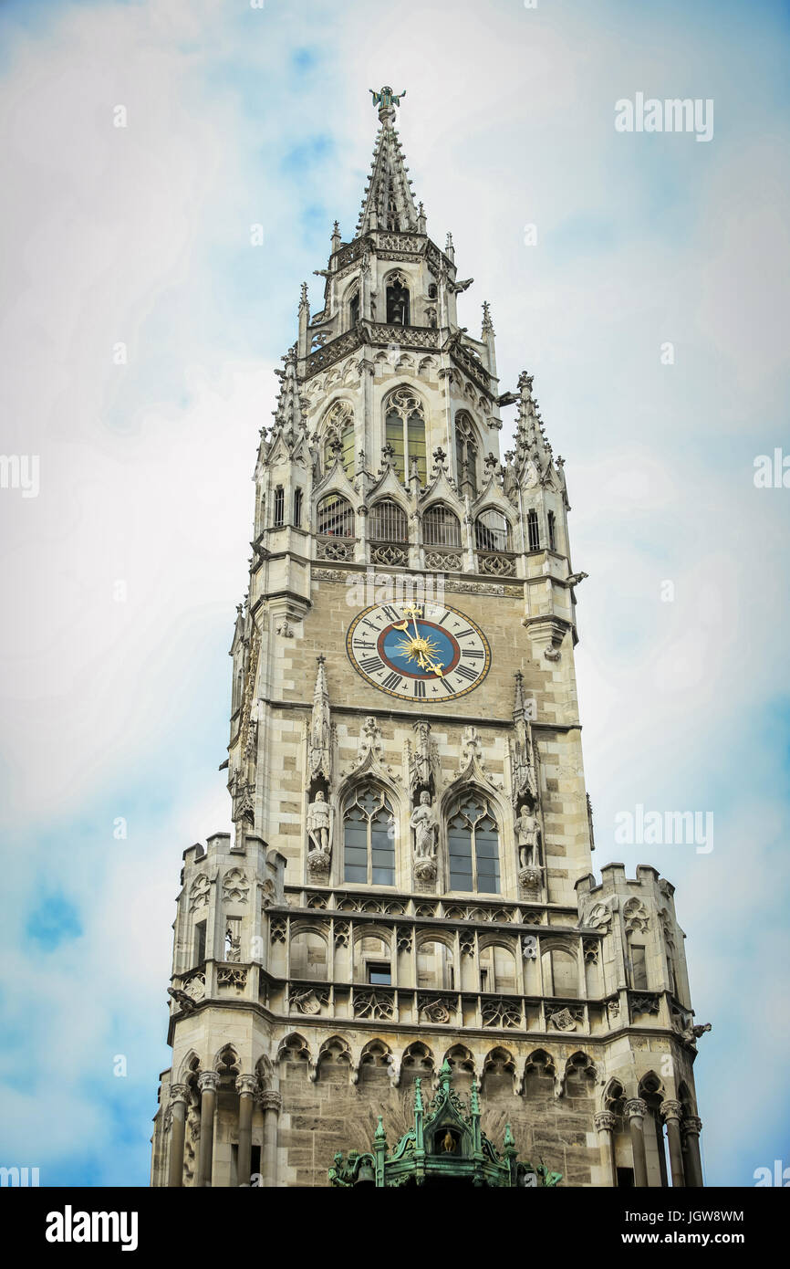 MUNICH, GERMANY - MAY 9, 2017 : The clock tower of the New Town Hall at ...
