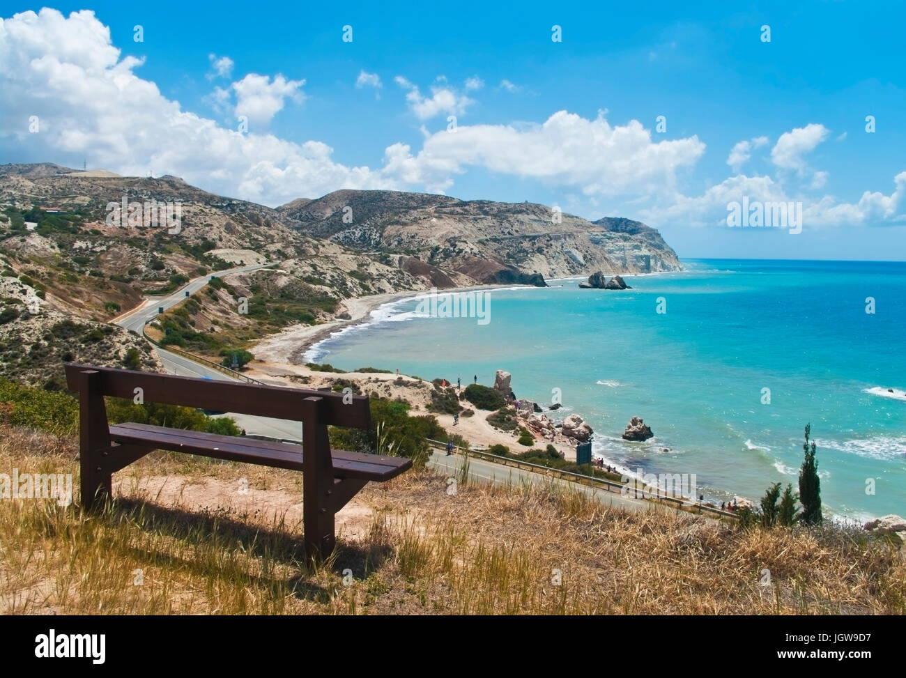 bench at observation point over Petra tou Romiou in Cyprus Stock Photo ...