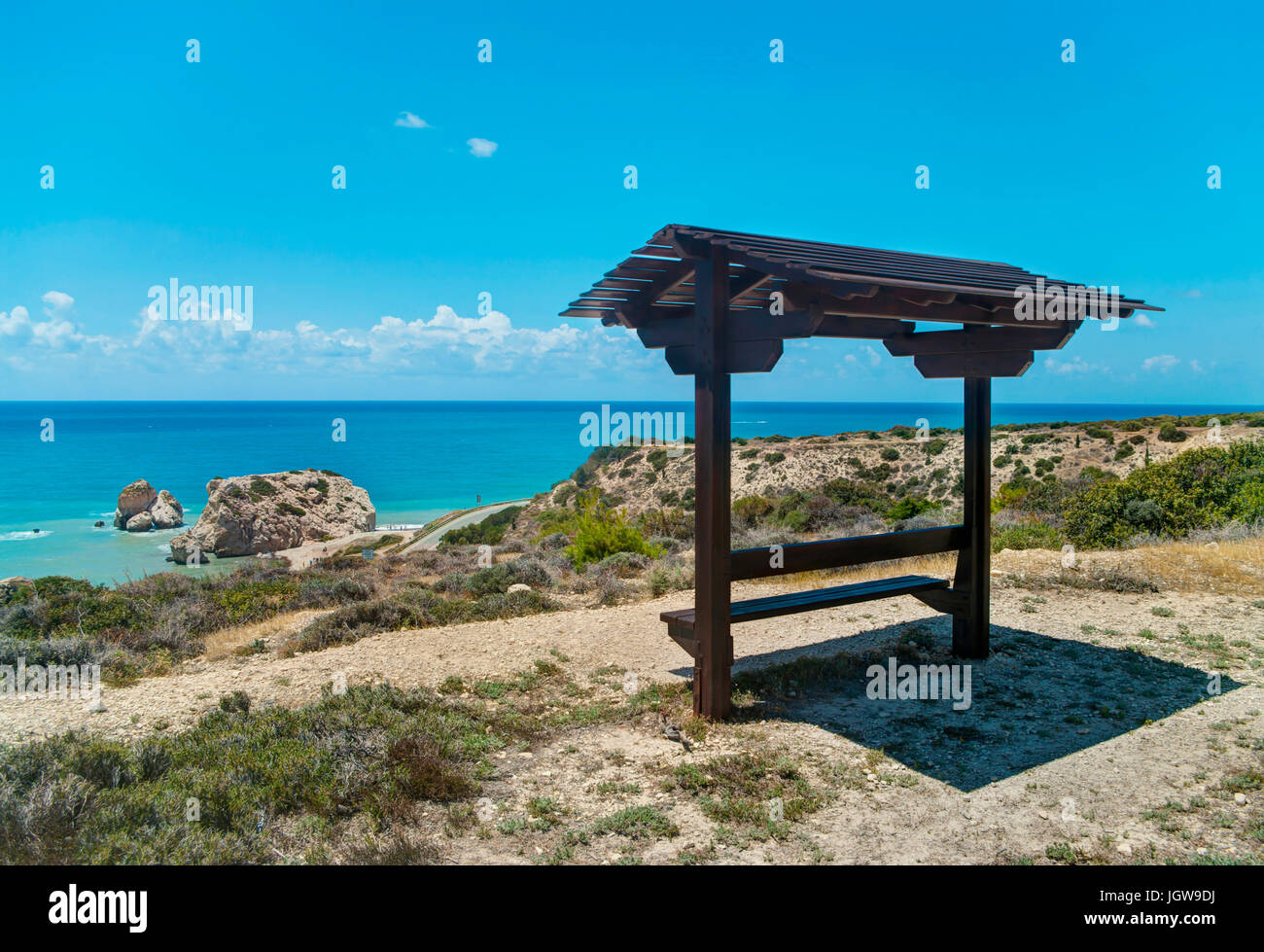 bench with roof facing petra tou romiou in Cyprus Stock Photo - Alamy
