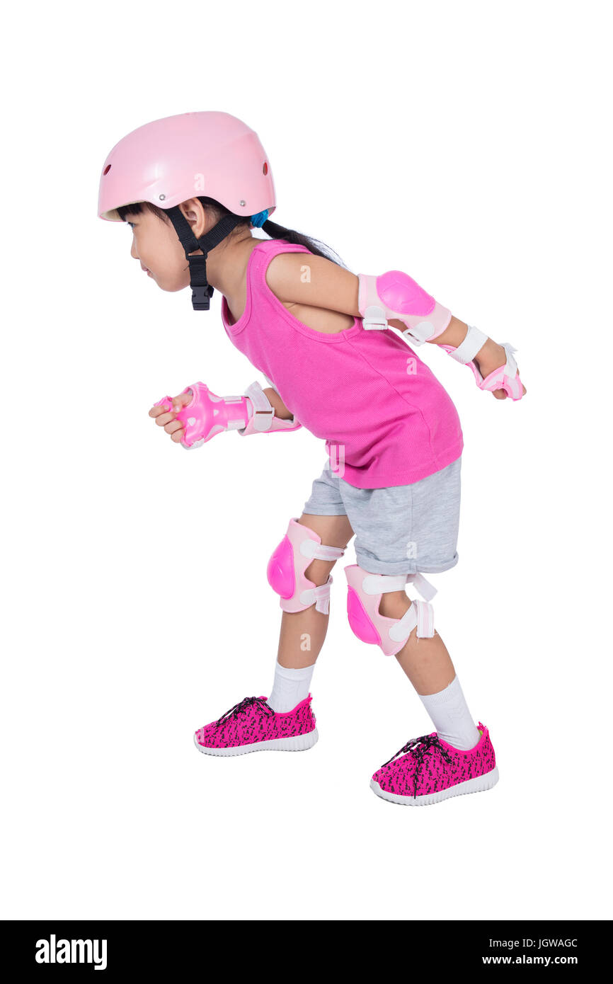 Asian little Chinese girl wearing protection kit in isolated white ...