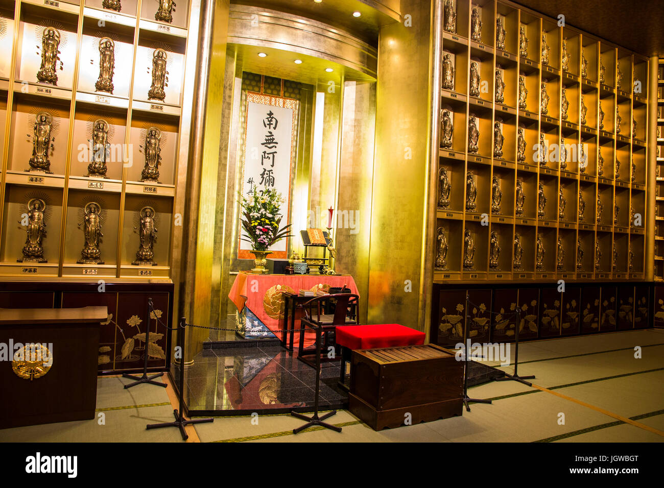 Golden standing statues of Buddha inside Ushiku Daibutsu, Ibaraki ...