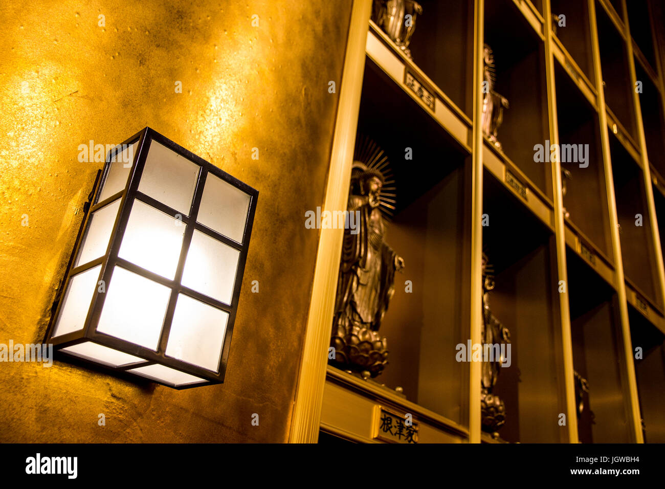 Golden standing statues of Buddha inside Ushiku Daibutsu, Ibaraki ...