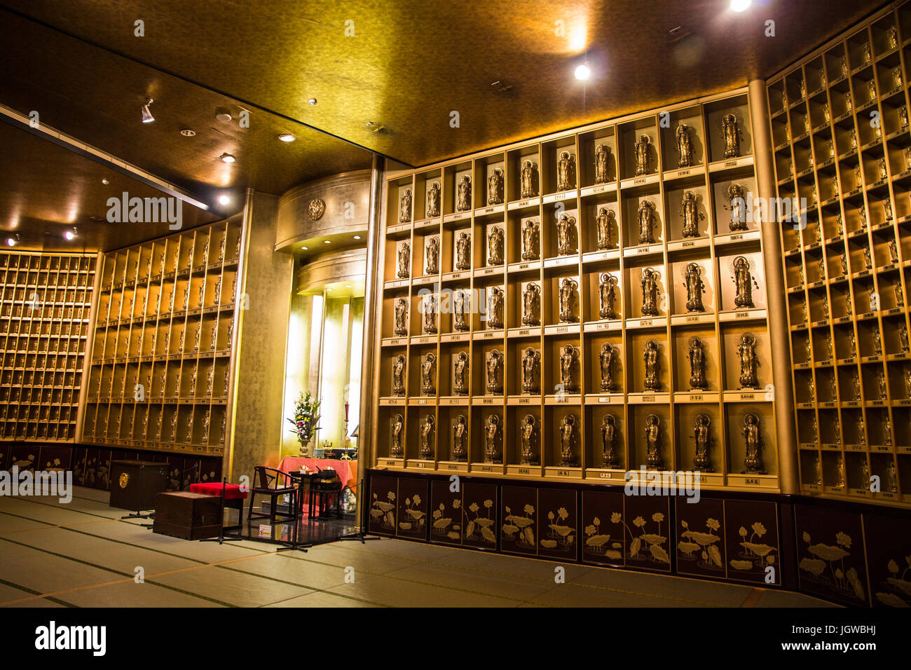 Golden standing statues of Buddha inside Ushiku Daibutsu, Ibaraki ...