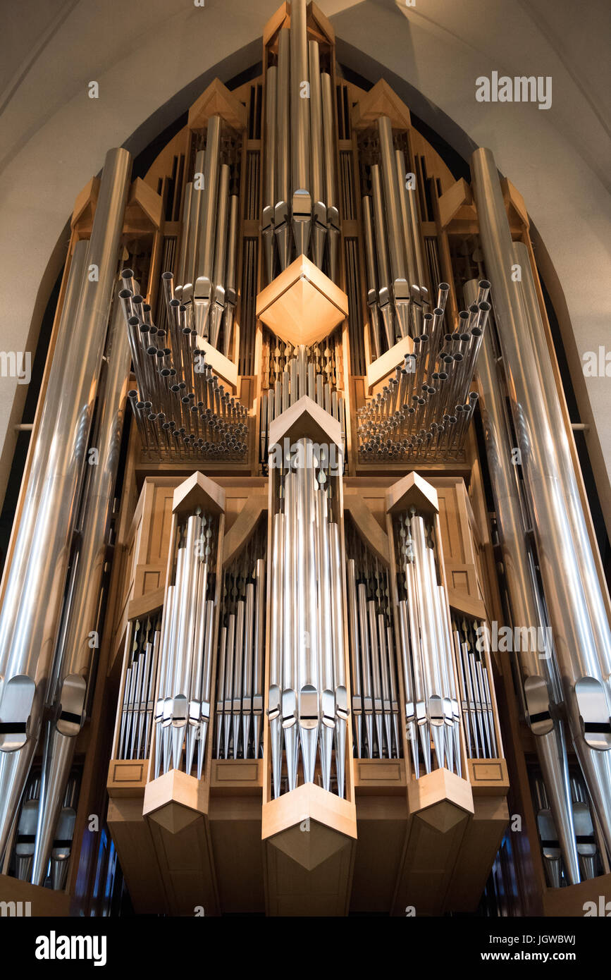 Interior of modern Hallgrimskirkja church organ in Reykjavik, Iceland ...
