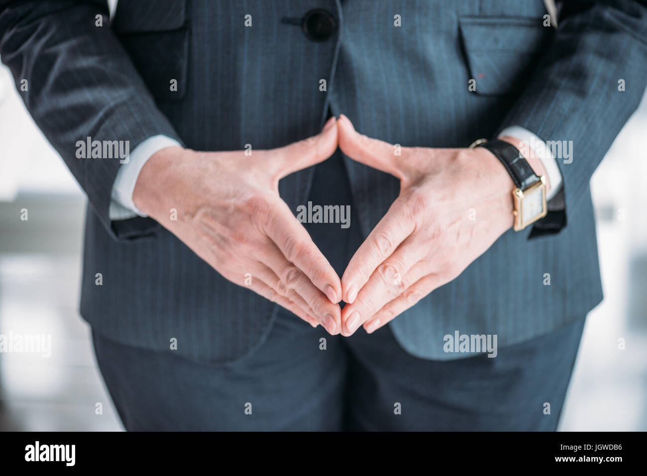 Close-up partial view of hands of senior businesswoman in formal wear ...