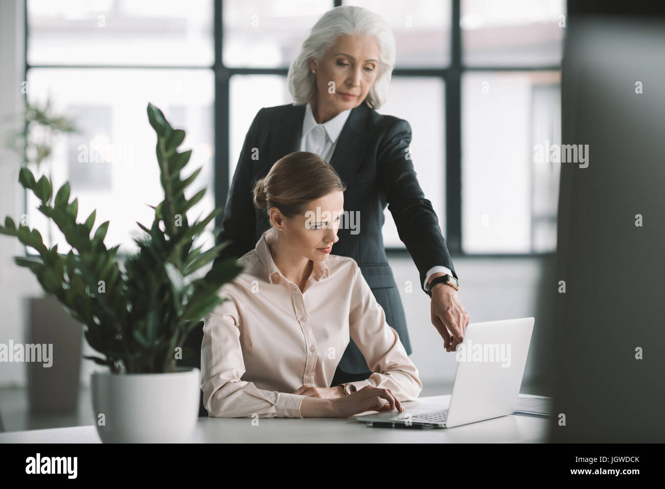 young businesswoman and her boss working with laptop computer in office ...