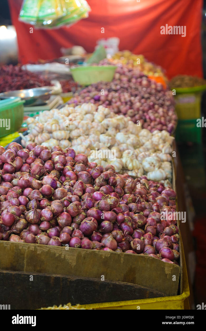 Business activity at a night market selling fresh food in Malaysia ...