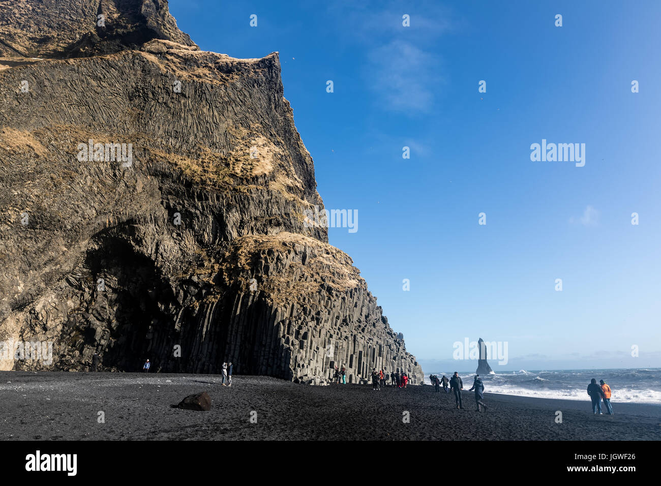 Vik, Iceland - March 26, 2017: Basalt cave at at Reynisfjara Beach in ...
