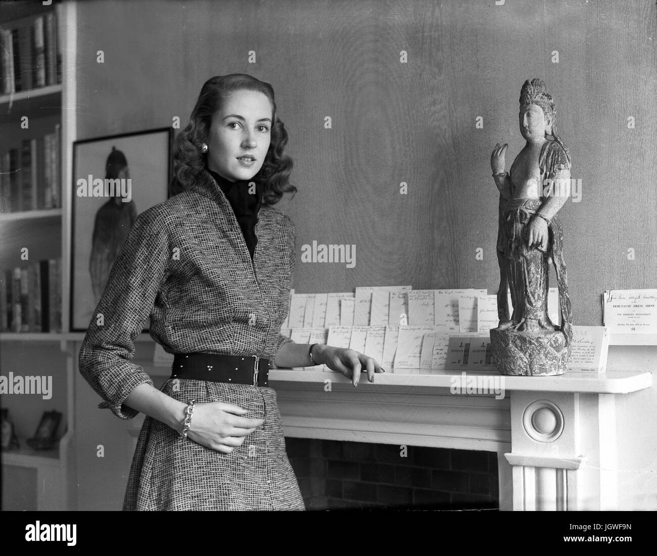 British debutante Miss Jacynth Lindsay with her party invitations in ...