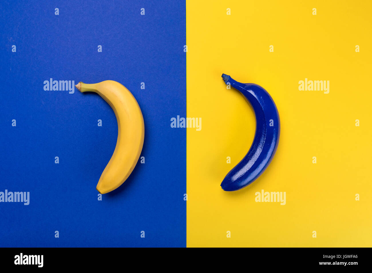 Top view of yellow and blue bananas isolated on blue and yellow Stock ...