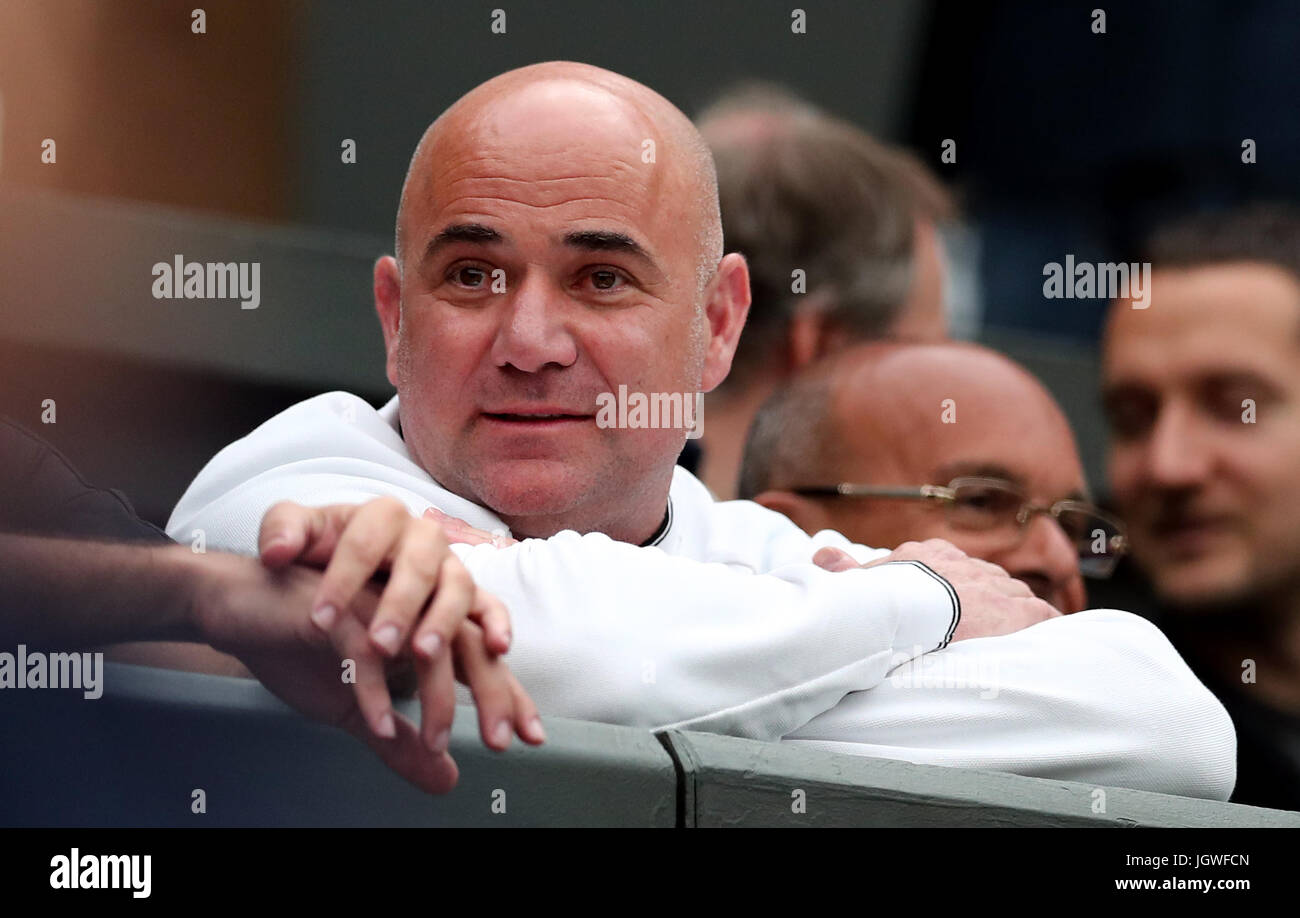 Novak Djokovic's coach Andre Agassi on day eight of the Wimbledon ...