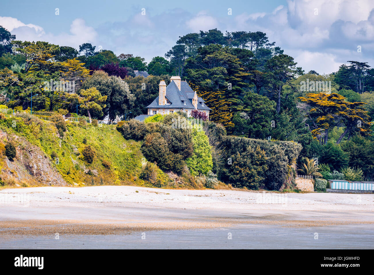 Beautiful village of Morgat with the sand beach and rocky coastline ...