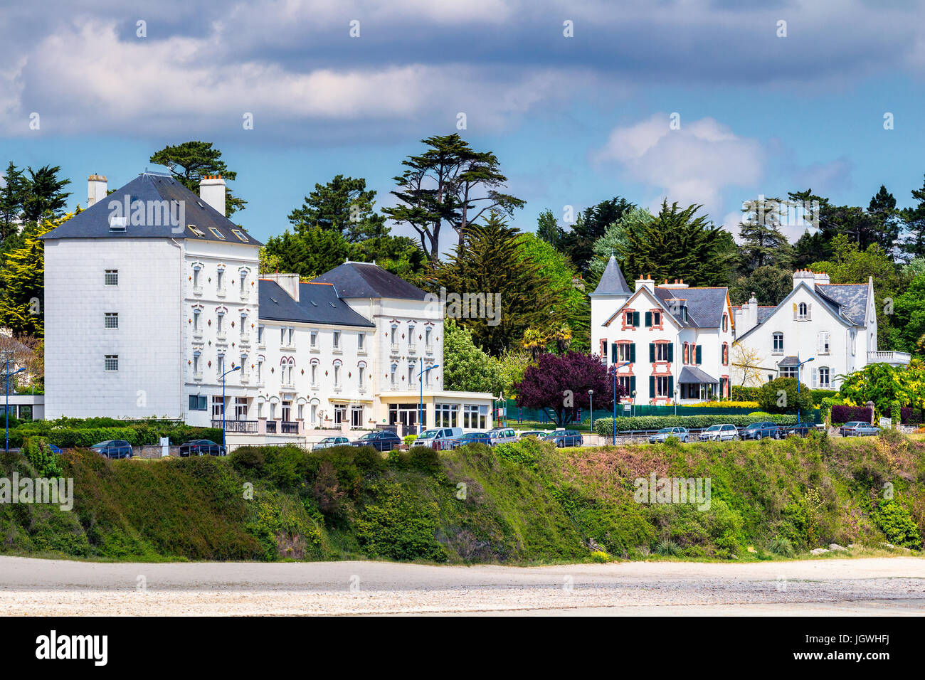 Beautiful village of Morgat with the sand beach and rocky coastline ...
