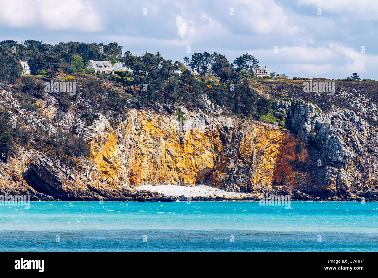Beautiful village of Morgat with the sand beach and rocky coastline ...