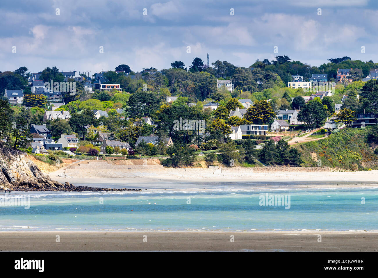 Beautiful village of Morgat with the sand beach and rocky coastline ...